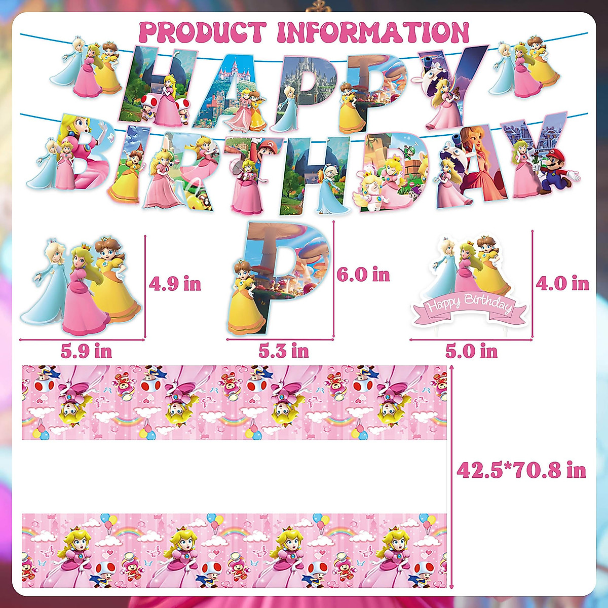 Princess Peach Birthday Party Supplies, Princess Peach Party Decorations, Princess Peach Party Favors Include Banners, Hanging Swirls, Balloons, Cake Decoration, Cupcake Toppers, Tablecloth
