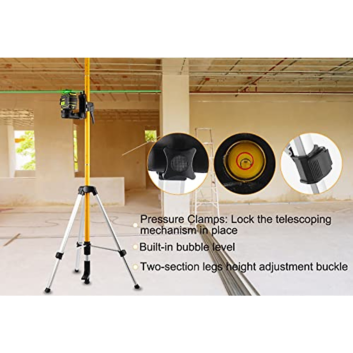 Laser Level Pole, Firecore Upgraded 12 ft. Telescoping Laser Pole with Tripod and Multifunctional Mounting Clamp, Adjustable Bracket with 1/4"-20 Laser Mount for Rotary and Line Laser Level- FLP370CX