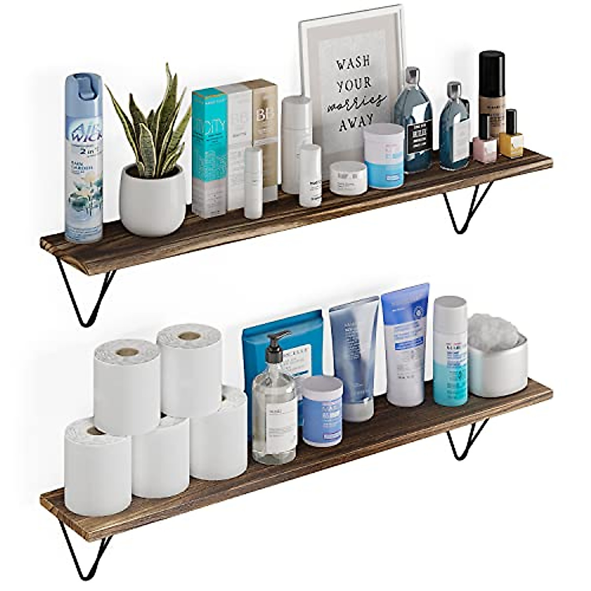 Wallniture Colmar Bathroom Shelves for Over The Toilet Storage, 36"x6" Floating Shelves for Wall Storage, Dark Burned Wood Wall Shelves Set of 2