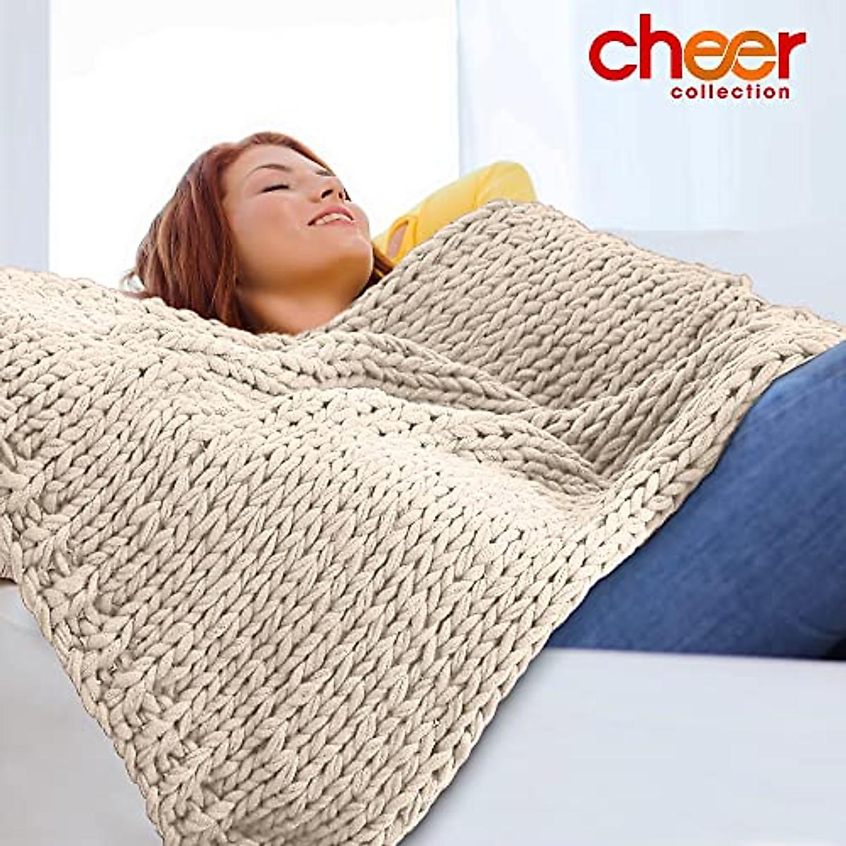 Cheer Collection Chunky Cable Knit Throw Blanket for Couch, Sofa, Bedroom and Living Room - Extra Soft and Cozy Decorative Throws - 50" x 60", Taupe