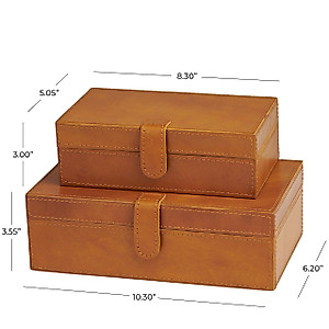 Deco 79 Leather Handmade Decorative Box Storage Decorative Keepsake Boxes with Snap Front Closure and Detailed Stitching, Set of 2 Storage Boxes 10", 8" W, Brown