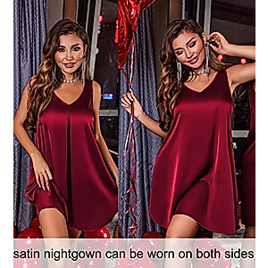 Ekouaer Womens, Silk Sleeveless Nightgown Nightshirt, Sleeping Gowns, Comfy V Neck, Satin Lingerie, Sleepwear Nightie, Wine, Medium