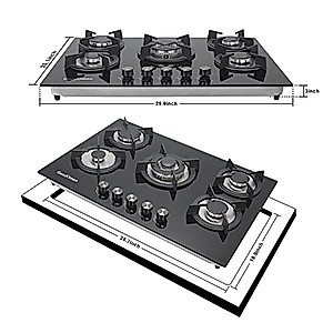 Gas Cooktop 30 inches 5 Burners in Tempered Glass, Built In Gas Stove Gas Hob Stovetop with Cast Iron Grates, LPG/NG Convertible and Easy to Clean