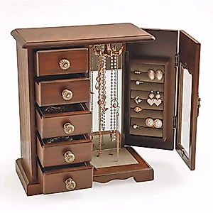 Kendal Wooden Jewelry Box for Women, Solid Jewelry Organizer With 5 Drawer, Wood Jewelry Case with Butterfly Pattern & Mirror for Necklaces, Earring, Rings (Brown with 5 drawer)