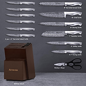 Knife Set, 15 Pieces Kitchen Knife Set with Built in Sharpener Block, German Stainless Steel Knife Block Set