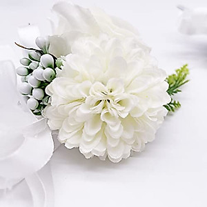 Milisente Rose Wrist Corsage Wristlet Band Bracelet and Men Boutonniere Set for White Wedding Flowers Accessories Prom Suit Decorations(White)