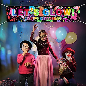 Glow Neon Birthday Party Decorations Supplies, Lets Glow & Happy Birthday Banner Yard Sign Supplies, Glow Theme Party Decor Photo Booth Props for Indoor Outdoor