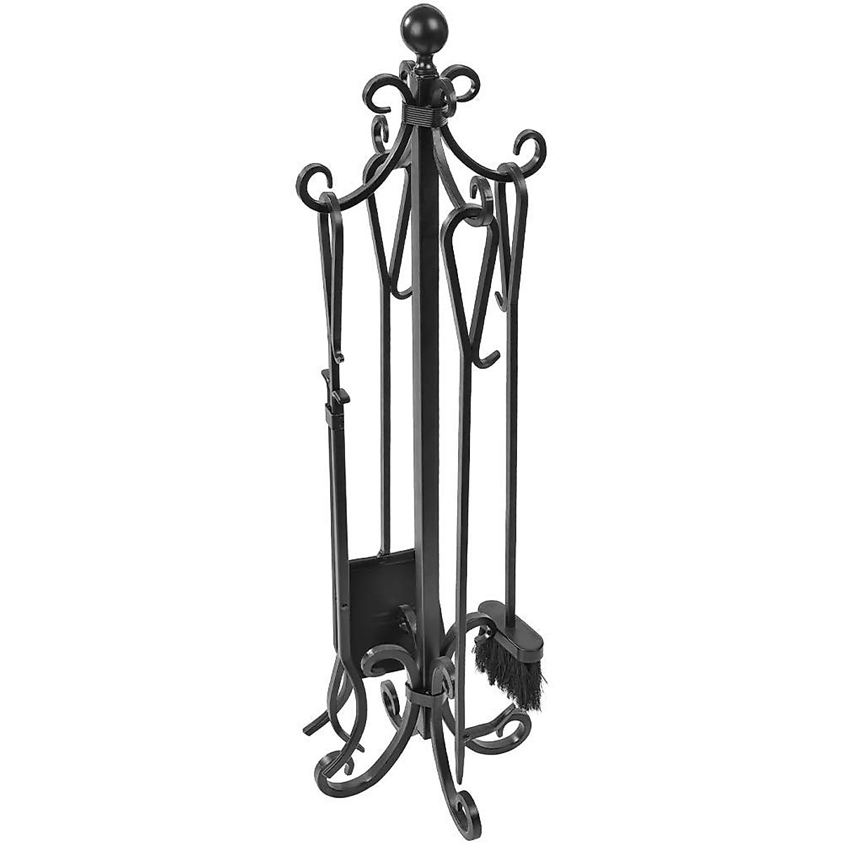 AMAGABELI GARDEN & HOME 5 Pieces Fireplace Tools Set Black Cast Wrought Iron Tool Set with Log Holder Fire Set Stand Scroll Rustic Antique Accessories Set