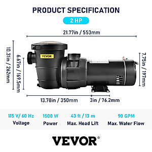 VEVOR Swimming Pool Pump, 2.0HP 115 V, 1500 W Single Speed Pumps for Above Ground Pool w/ Strainer Basket, 5400 GPH Max. Flow, Certification of ETL for Security