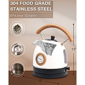 Electric Tea Kettle, Hot Water Boiler with Thermometer 1.7 Liter Stainless Steel Teapot, BPA Free, 1500W, SMOLON Wood Pattern Handle Pour-Over Electric Kettle with LED Indicator Auto Shut-Off, White