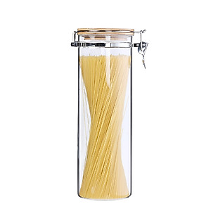KKC HOME ACCENTS Tall Glass Pasta Storage Container with Hinged Lid,Glass Spaghetti Storage Jar Airtight Lid,Pasta Spaghetti Kitchen Canister,Noodle Holder Container with Bamboo Lid