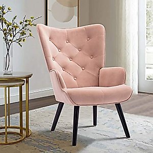 Dolonm Velvet Accent Chair Modern Tufted Button Wingback Vanity Chair with Arms Upholstered Tall Back Desk Chair with Solid Wood Legs for Living Room Bedroom Waiting Room(Dusty Pink)