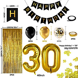 MOVINPE 30th Black Gold Birthday Party Decoration, Happy Birthday Banner, Jumbo Number 30 Foil Balloon, 2 Fringe Curtain, Latex Confetti Balloon, Table Confetti for Boy Girl Men Women Anniversary