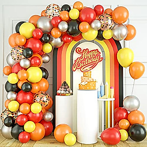 FEYG Yellow Orange Balloon Arch Kit, Black and Red Balloon Garland Kit, 83Pcs Balloon Garland Arch Kit with Confetti Balloons Metallic Silver Balloons for Outdoor Indoor Party Decoration Supplies