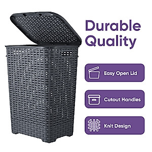 Laundry Hamper Basket With Lid 60 Liter - Deluxe Wicker Style Grey Color - 1.70 Bushel Bin With Cutout Handles To Storage Dirty Cloths in Washroom Bathroom, Or Bedroom. By Superio