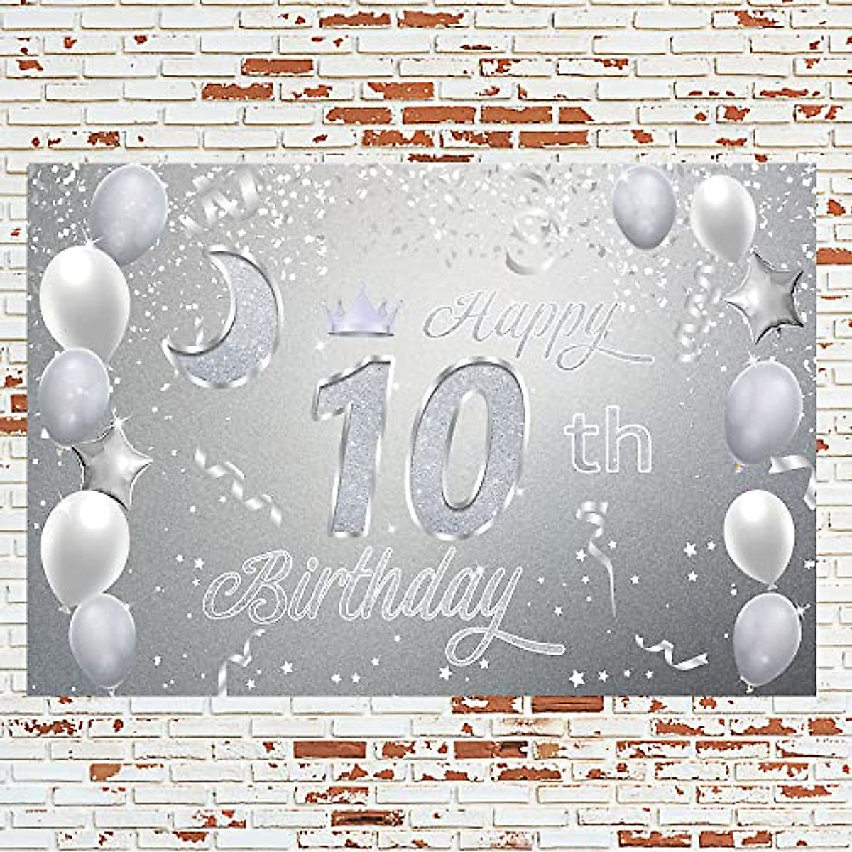 Sweet Happy 10th Birthday Backdrop Banner Poster 10 Birthday Party Decorations 10th Birthday Party Supplies 10th Photo Background for Girls,Boys,Women,Men - Silver 72.8 x 43.3 Inch