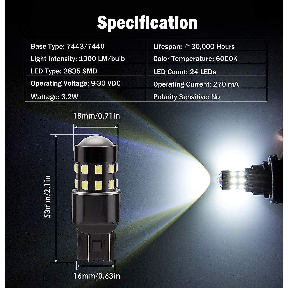 BRISHINE 4-Pack 1000 Lumens Super Bright 7440 7443 7441 7444 W21W LED Bulbs 6000K Xenon White 24-SMD LED Chipsets with Projector for Backup Reverse Lights, Parking Lights, Daytime Running Lights