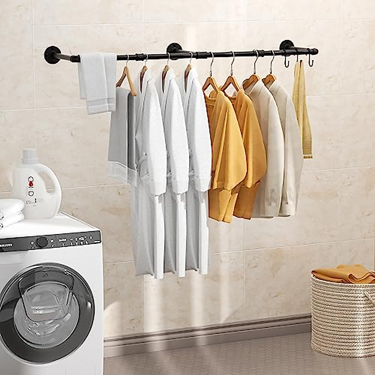 Vintage Clothes Rack, 48" Industrial Pipe Wall Mount Garment Rack, Space-Saving Heavy Duty Clothes Hanger for Closet Storage, 3 Bases, 1-Pack with 6 S-Hooks, Industrial Pipe Wall Mounted Closet Rod