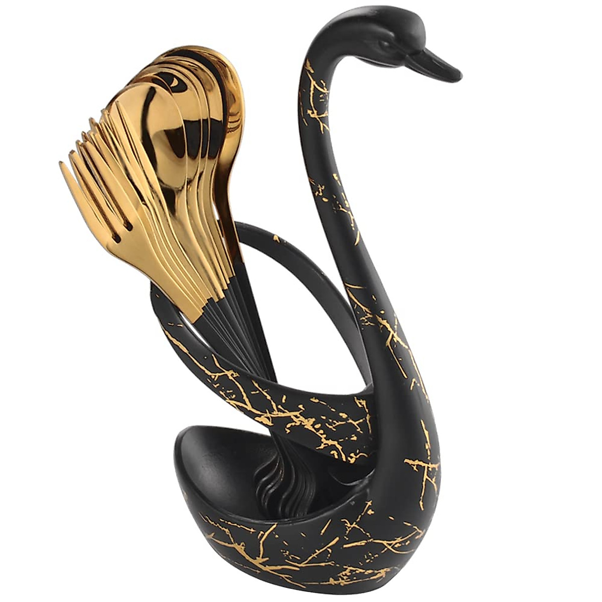AnSaw Black Swan Base Holder with 5-Pieces 4.7-inch Small Coffee Spoons And 5-Pieces Dessert Fork,Leaf Handle Set (Black & Gold)
