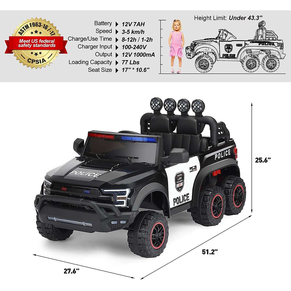 JOYLDIAS Kids Ride On Police Car, 12V Battery Powered Electric Cars W/2.4G Remote Control, 6 Wheels, Real Tailgate, Spring Suspension, LED Flashing Lights, Megaphone Siren Music & Horn Intercom