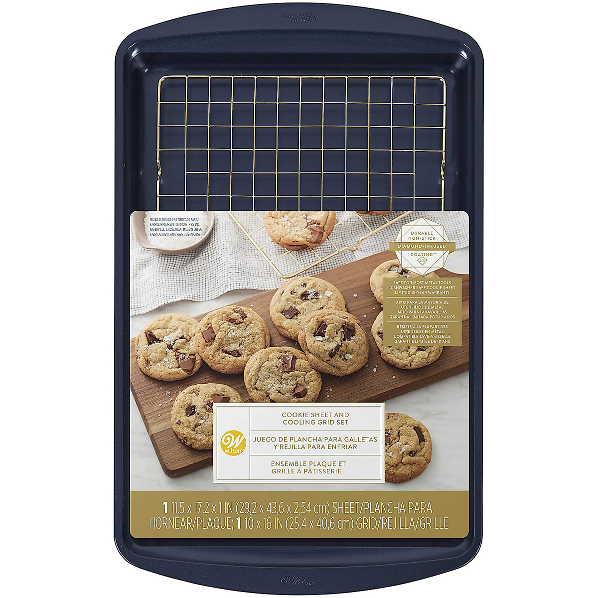 Wilton Non-Stick Diamond-Infused Large Navy Blue Cookie Sheet with Gold Cooling Grid Set, 11 x 17