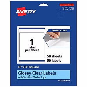 Avery Glossy Clear Square Labels with Sure Feed, 8" x 8", 50 Glossy Clear Labels, Laser/Inkjet Printable Labels