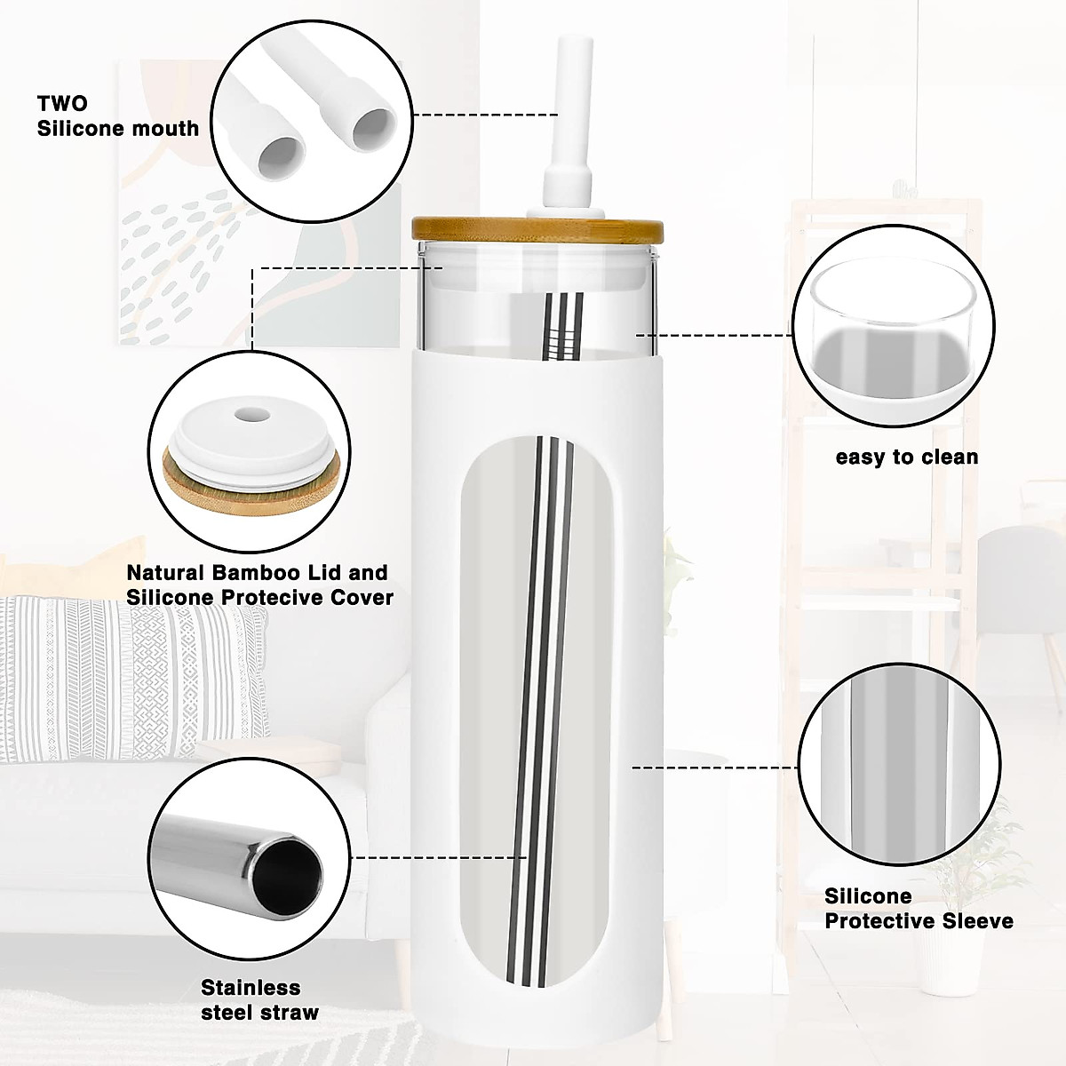 Tronco 26oz Glass Tumbler with Bamboo Lid and Straw, Glass Cup For Boba,Iced Coffee,Smoothie, Spill Proof Glass Water Bottle With Silicone Protective Sleeve, Dishwasher Safe,BPA Free