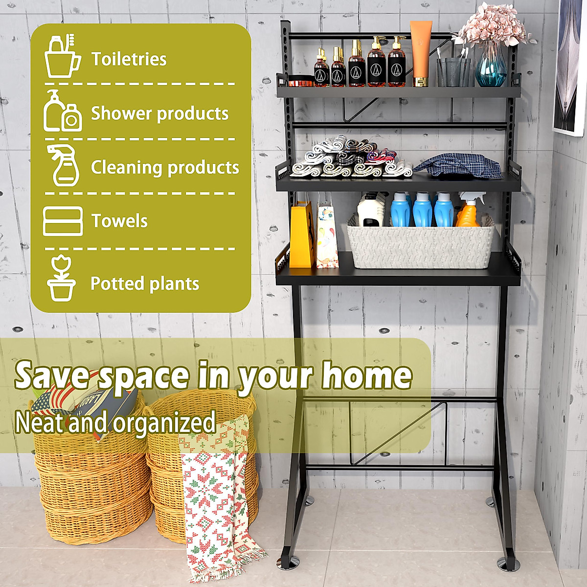 Supfirm 3-Tier Height Adjustable Washing Machine Storage Rack, Bathroom Large Storage Rack Organizer for Space Saver (Black)