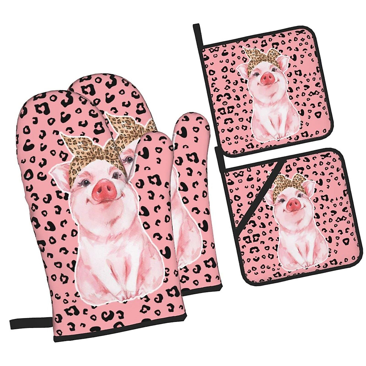 Pig Oven Mitts and Pot Holders Set of 4 Washable Heat Resistant Kitchen Gloves Waterproof Oven Gloves and Hot Pads for Cooking Grilling BBQ Baking