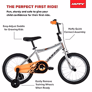 Huffy ZRX 16" Kids Bike, Ideal for Ages 3 to 5 Years Old, Front Pegs, BMX Style Handlebar, Quick Connect Assembly, Designed for Growth, Durable Steel Frame, Enclosed Chain Guard, Silver