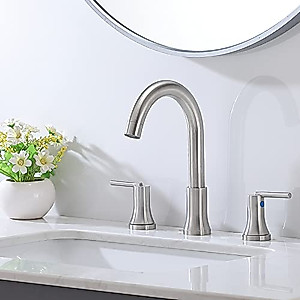 SHACO Brushed Nickel Bathroom Faucet, Bathroom Faucets for Sink 3 Hole, 8 Inch 360° Swivel Spout Widespread Vanity Faucet, 2 Handle Bathroom Sink Faucet with Supply Hoses & Overflow Drain