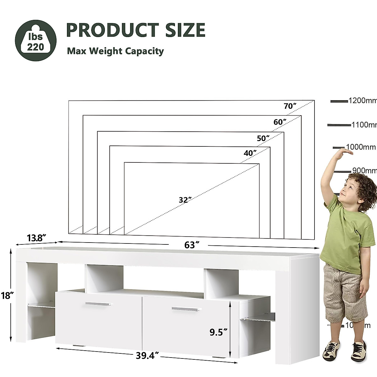 Clikuutory Modern LED 63 inch Long TV Stand with Large Storage Drawer for 50 55 60 65 70 75 Inch TVs, White Wood TV Console with High Glossy Entertainment Center for Living Room, Bedroom, White