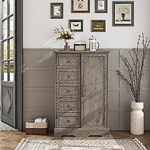 Vabches Farmhouse Dresser Storage Cabinet Chest of Drawer for Bedroom, 5 Drawer Dresser with Sliding Barn Door, 48" Tall Wood Rustic Dresser for Bedroom, Living Room, Entryway, Hallway, Washed Grey