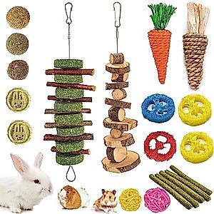 Grddaef 20 PCS Bunny Chew Toys for Teeth, Natural Rabbit Toys Apple Wood Grass Timothy Sticks Chew and Treat for Guinea Pigs Hamster Chinchillas