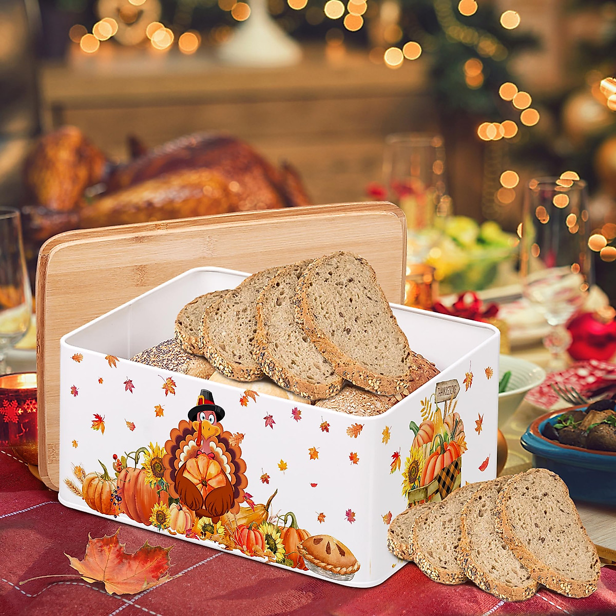 Thanksgiving Bread Box with Bamboo Cutting Board Lid, Modern Metal Bread Storage Container, Farmhouse Thanksgiving Turkey Decorations Table Decor for Dining Room, Thanksgiving Gifts for Women