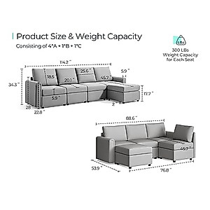 LINSY HOME Modular Sectional Sofa, Convertible L Shaped Sofa Couch with Storage, Memory Foam, Modular Sectionals with Ottomans, 5 Seat Sofa Couch with Chaise for Living Room, Grey