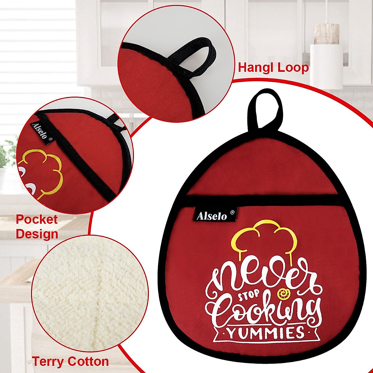 Alselo Pot Holders and Kitchen Towel, Heat Resistant Potholder 4 Piece with Microfiber Towel 1 Piece, Funny Baking Theme Hot Pats Festive Gift Oven Mitts for Cooking Baking BBQ (Dull-red, 5)