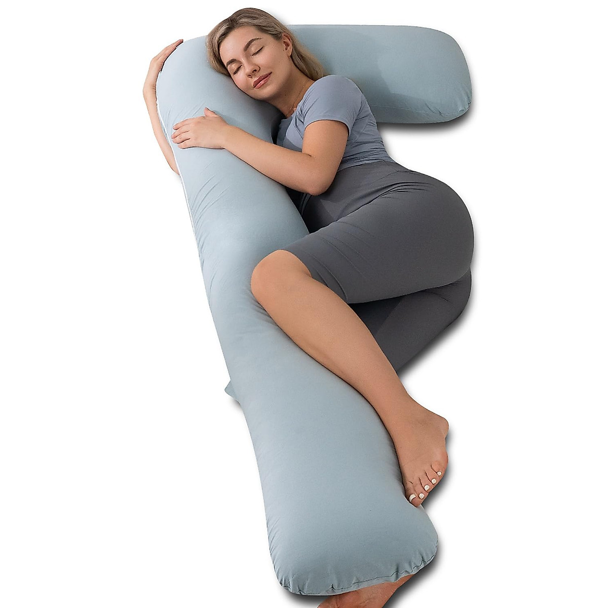 AngQi Body Pregnancy Pillow,L-Shaped Pregnancy Pillow for Side Sleepers,Maternity Body Pillow with Jersey Cotton Cover, Light Green