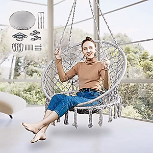 Greenstell Swing Hanging Chair, Hold Up to 350LBS/158KG Hammock Chair with Hanging Kits and Removable & Washable Cushion, Cotton Rope Macrame Swing Chair for Outdoor, Indoor, Grey