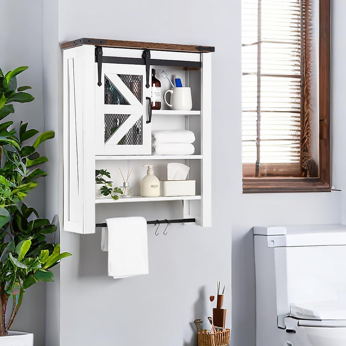 JoanKaren Bathroom Cabinet Wall Mounted with Towel Bar, Over Toilet Cabinet, Medicine Cabinet with Sliding Door Adjustable Shelves, Hanging Storage Cabinets for Bathroom Laundry Room Kitchen, White