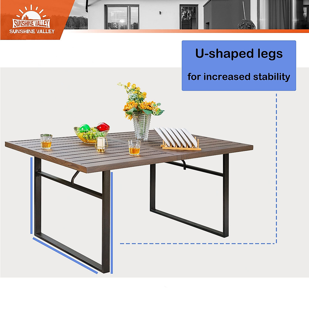SUNSHINE VALLEY Patio Dining Table 63.8" x 38.2" x28.7" Rectangular Outdoor Dining Table with U-Shaped Legs,Steel Frame with 1.57" Umbrella Hole for Garden Backyard Lawn Yard Furniture.