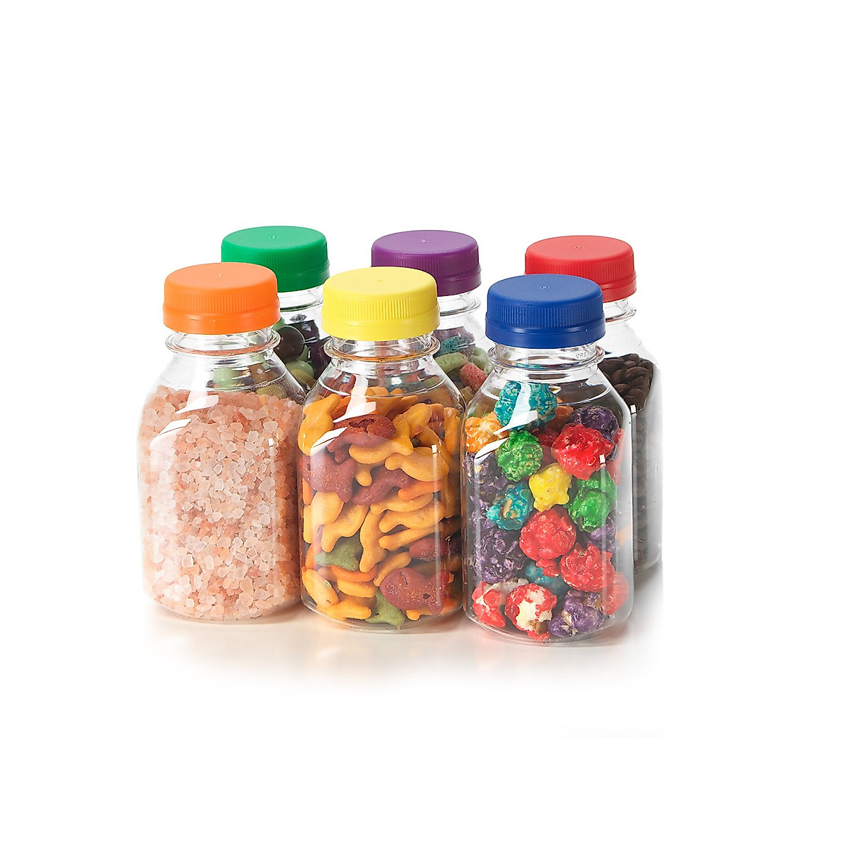 (6) 8 oz. Clear Food Grade Square Plastic Juice Bottles with 6 Different Colored Tamper Evident Caps 6/pack