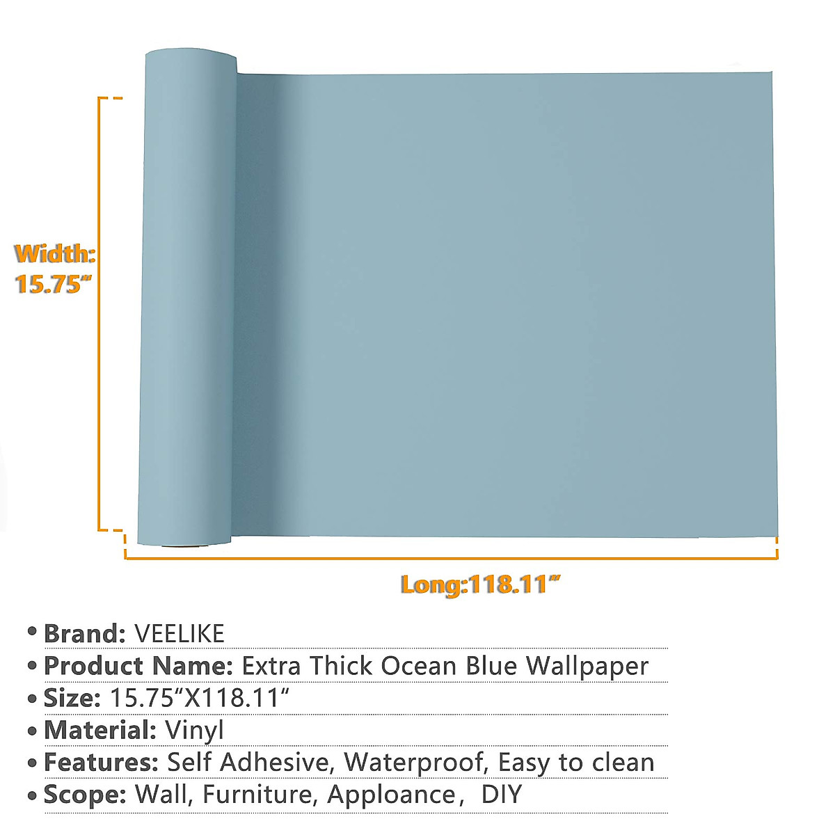 VEELIKE 15.7''x118'' Ocean Blue Wallpaper Peel and Stick Thickening Self Adhesive Blue Contact Paper Waterproof Decorative Vinyl Film for Walls Countertops Cabinets Shelf Drawer Liners Bedroom Kitchen