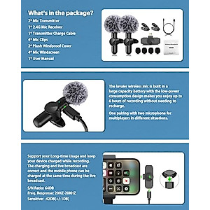 PUSEALON 2 Pack Wireless Lavalier Microphone for iPhone iPad, Plug-Play Professional Tiny Cordless Lapel Microphone Wireless, Wireless Mic for Recording Interview Vlog Livestream