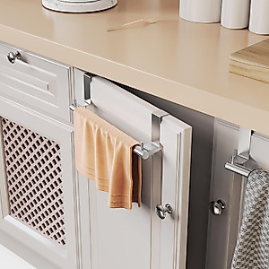 VEHHE Kitchen Towel Rack-2pcs, 12.7-Inches, Over The Door Towel Holder with Eva Foam Pads, Kitchen Towel Holder with 2 Hooks, Stainless Steel Towel Holder for Kitchen Cabinet (Silver)