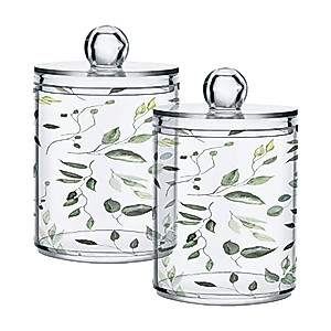 Kigai 2PCS Green Leaves Qtip Holder Dispenser with Lids - 14 oz Bathroom Storage Organizer Set, Clear Apothecary Jars Food Storage Containers, for Tea, Coffee, Cotton Ball, Floss