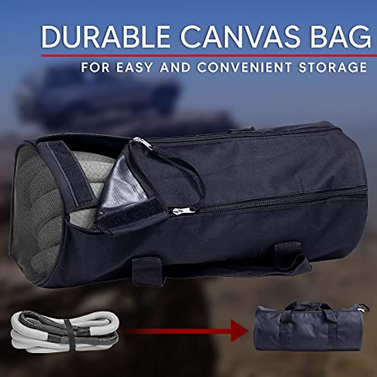 Terruva 1” x 30ft Kinetic Recovery Rope Kit - Recovery Rope - Kinetic Rope - Kinetic Tow Rope - Kinetic Rope Recovery - Perfect for ATV SUV UTV - Includes 2 Soft Shackles & Storage Bag