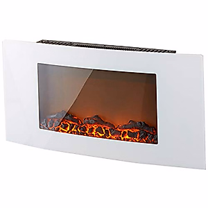 Cambridge Callisto 35" Wall Mounted Electric Fireplace Heater with Realistic Multi-Color Flame and Driftwood Log Display, White Curved Panel Wall Fireplace with Remote Control and Adjustable Heat