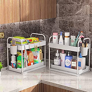 2-Tier Under Sink Organizer, PXRACK Sliding Under Bathroom Cabinet Storage Drawer Basket Organizer Rack with Hooks, Hanging Cup, Handles, Under Sink Shelf Organizer for Bathroom, Kitchen
