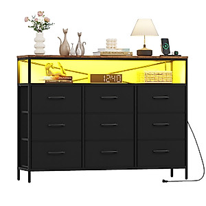 Qupui Tall Dresser with Charging Station and LED Lights, 36'' Tall Dresser tv Stand for up to 55 Inch TVs, 9 Fabric Drawer Dressers for Bedroom, Sitting Room, Hallway, Black